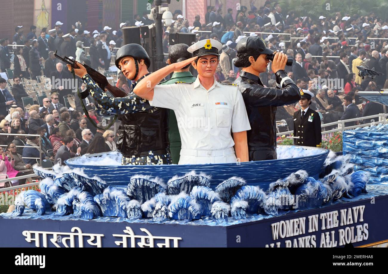 NEW DELHI, INDIA - JANUARY 26: A tableaux of Indian Navy on display during the 75th Republic Day ...