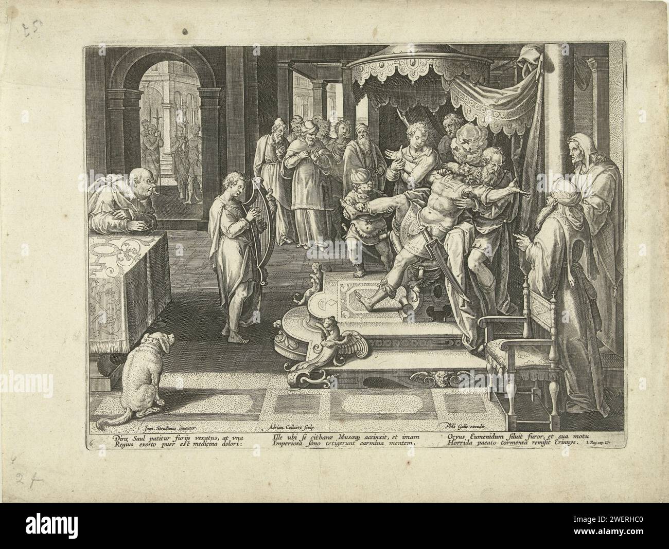 David plays on his harp for King Saul, 1587 - 1591 print David plays ...