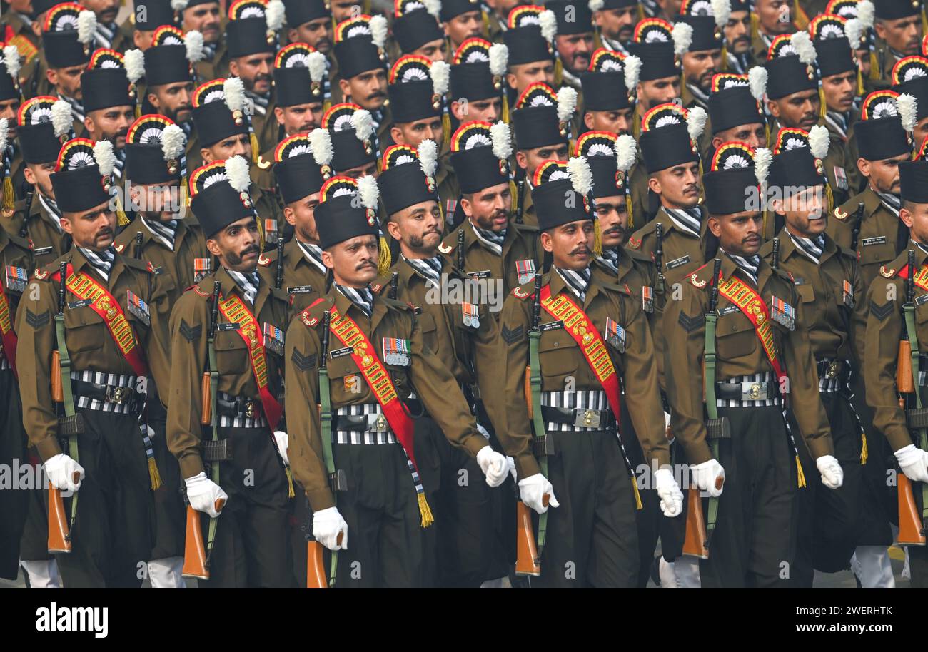 NEW DELHI, INDIA - JANUARY 26: A contingent of the Grenadier Regiment marches past the saluting ...