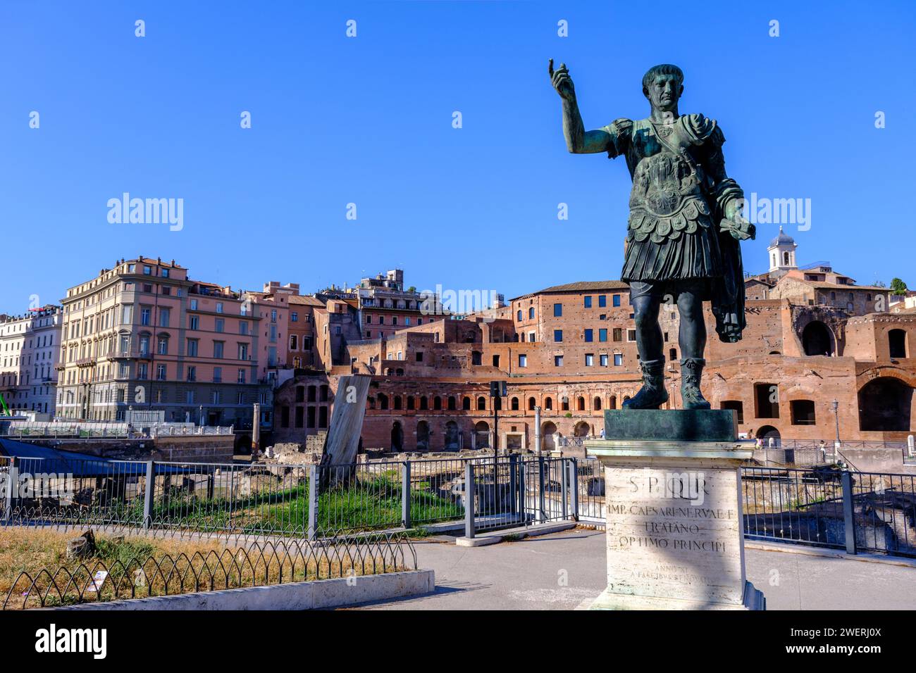 Rome, IT - 28 July 2023: Bronze statue of Emperor Nerva on Via dei Fori ...