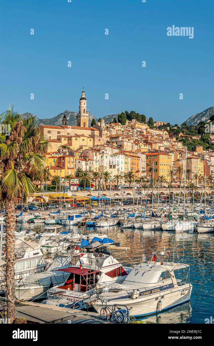 Marina and old town of Menton at the French Rivera, Côte d'Azur, France ...