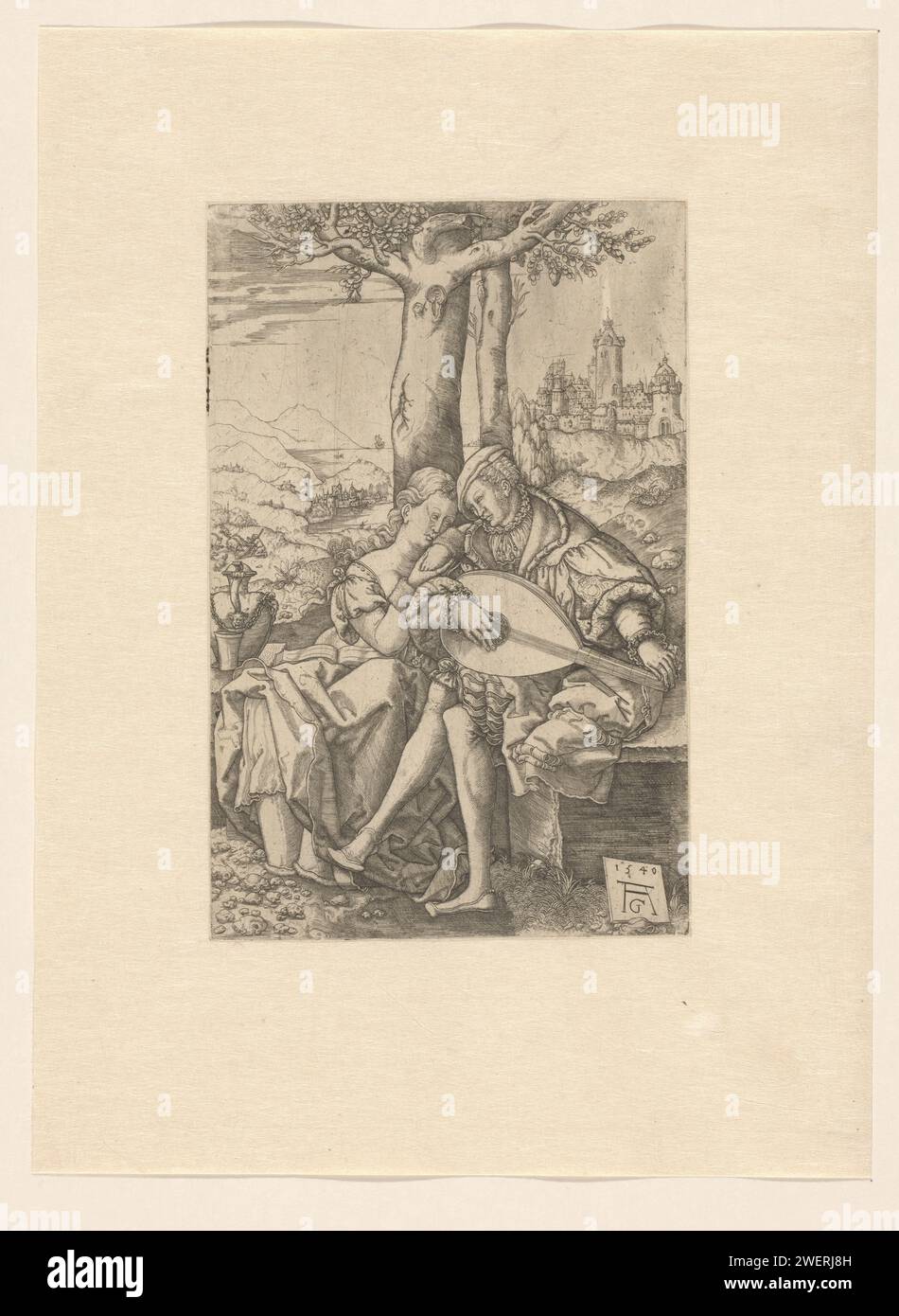 Two lovers under a tree, 1540 print Woman and husband sat under tree, a ...