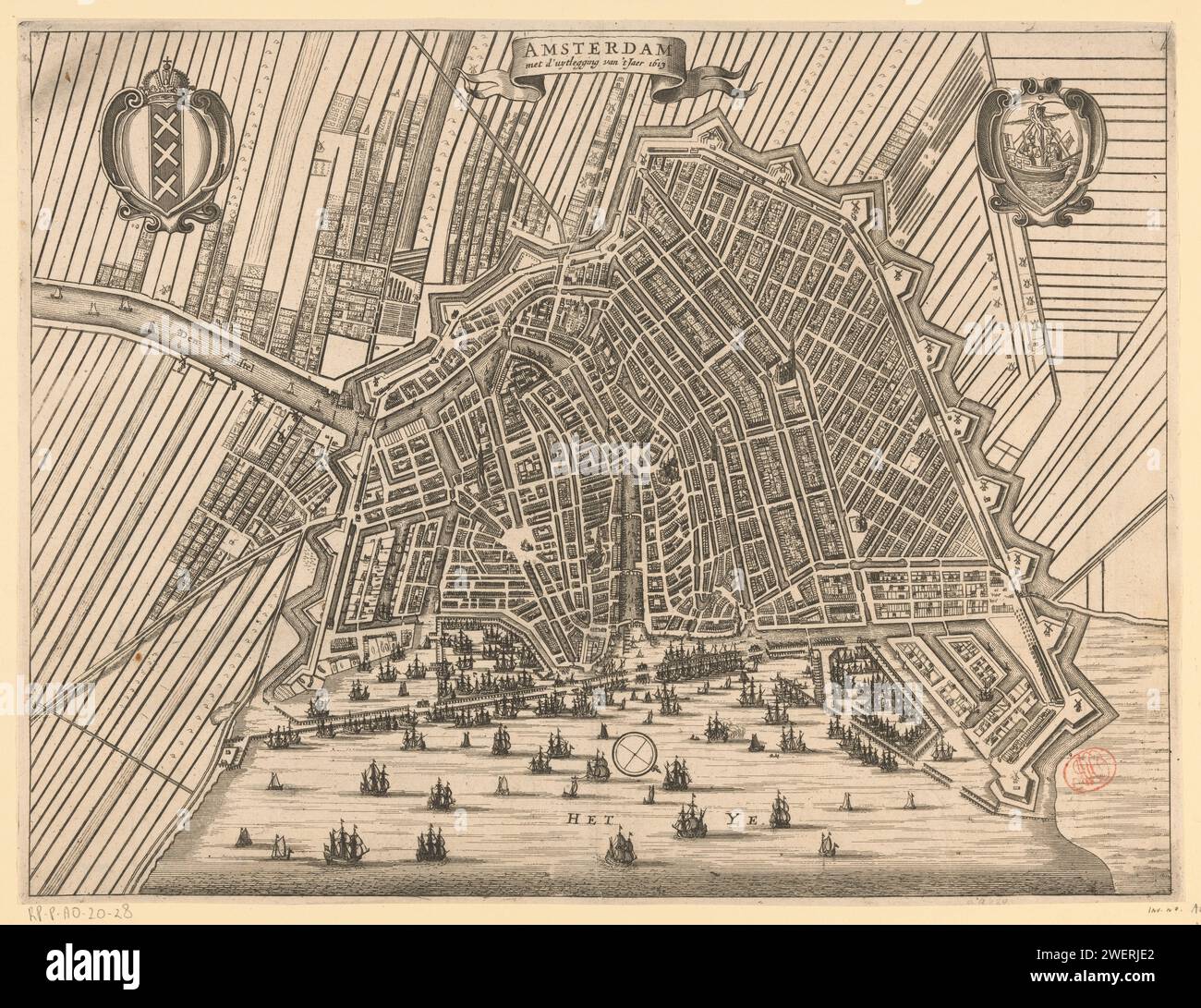 Map of Amsterdam, 1613, Jacob van Meurs (Possible), 1663 - 1694 print Map of Amsterdam as it ...