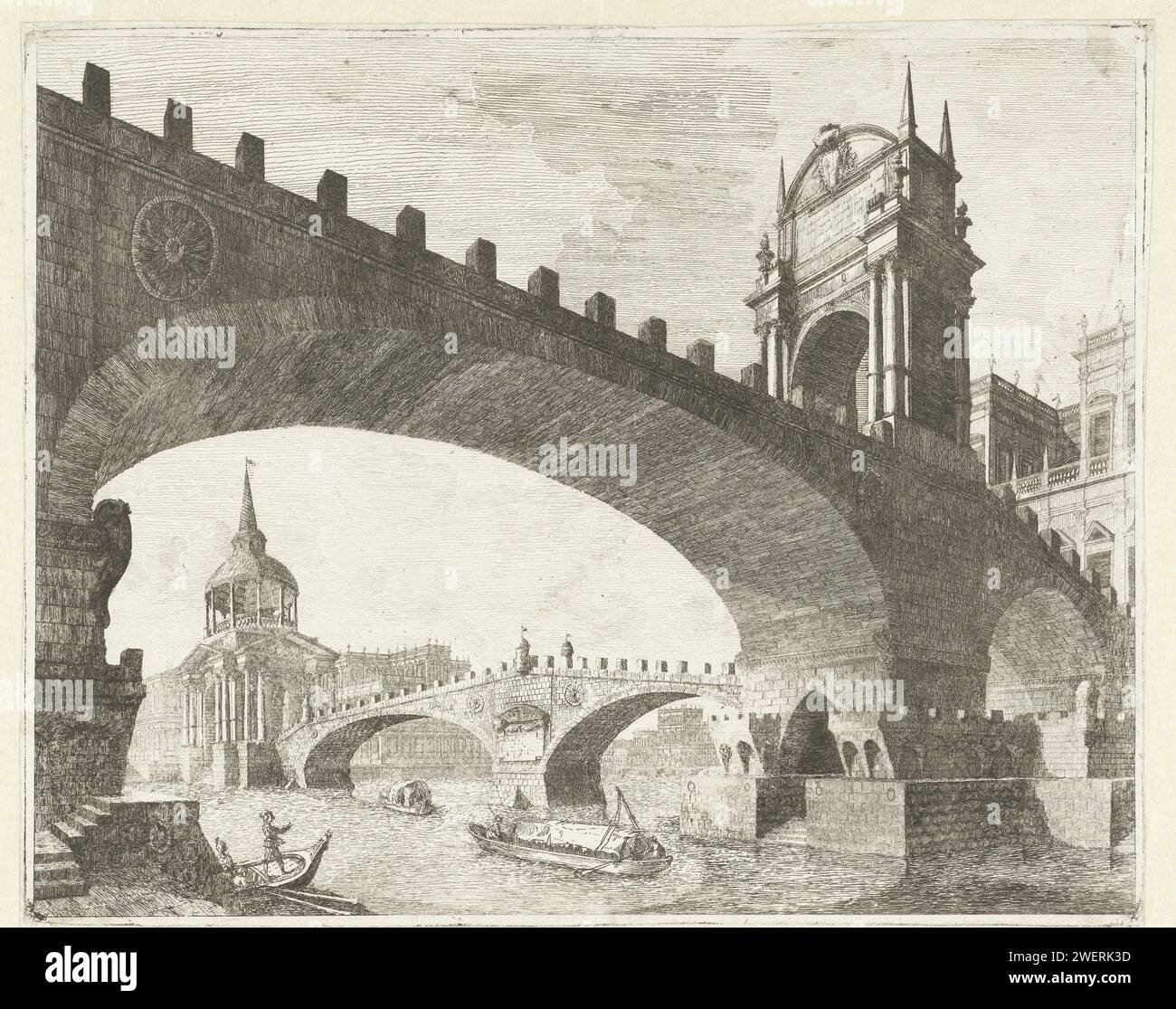 Two bridges over a river, Vincenzo Mazzi, 1771 - 1781 print Fantasia ...