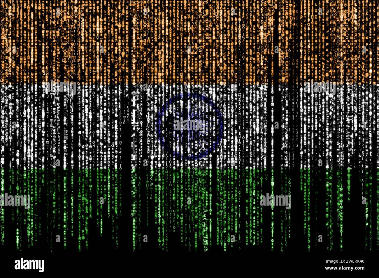 Flag of India on a computer binary codes falling from the top and ...