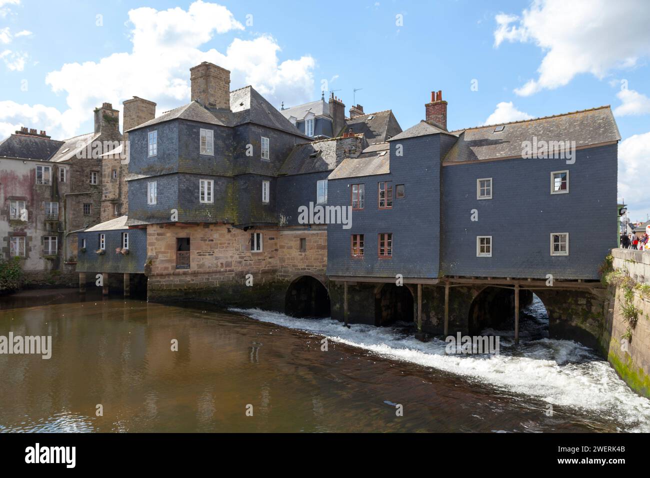 Slate-fronted houses on the Pont de Rohan, an inhabited bridge crossing ...