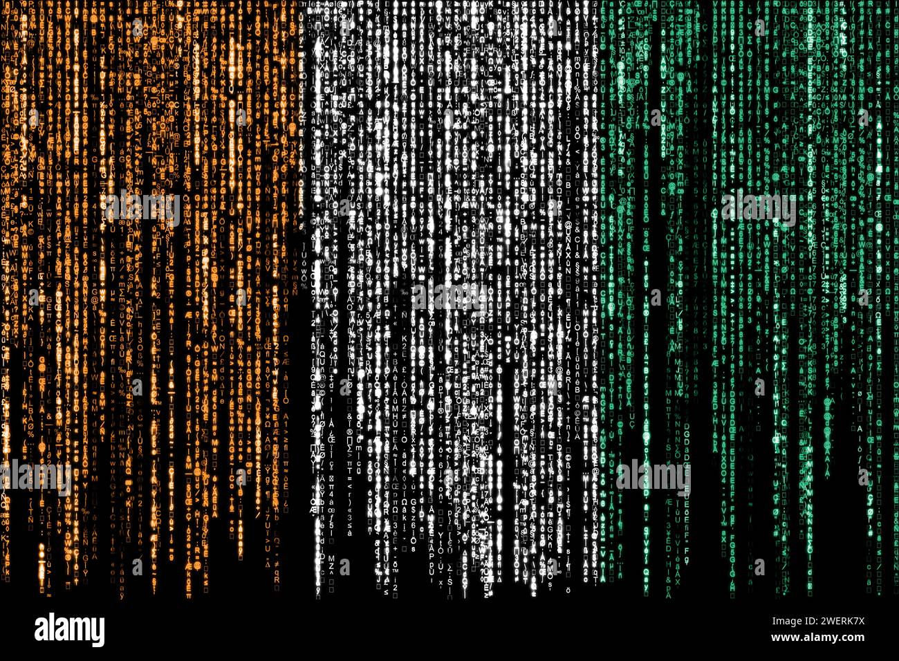 Flag of Ivory Coast on a computer binary codes falling from the top and ...