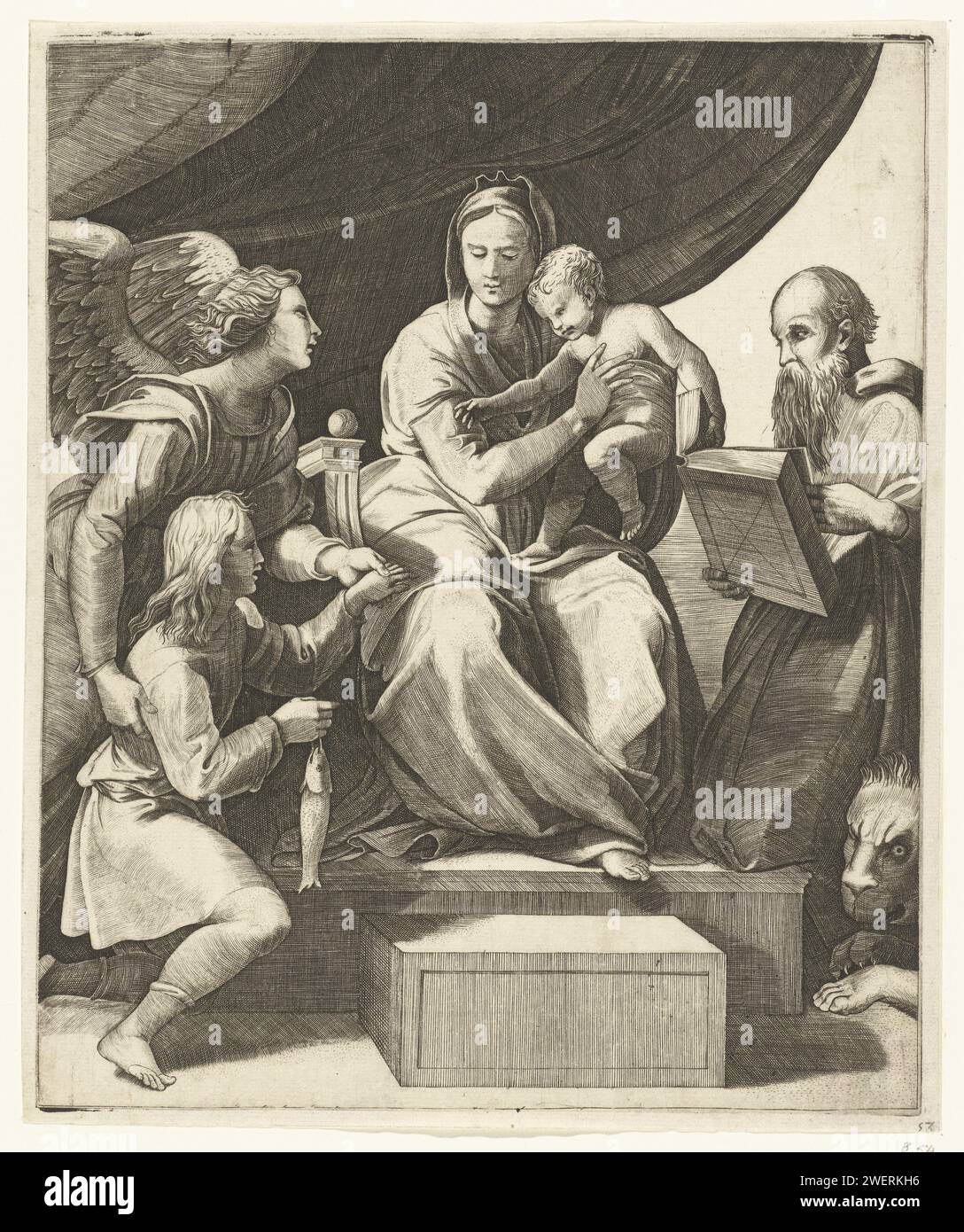 Maria with child flanked by archangel Rafaël with Tobias with fish and ...