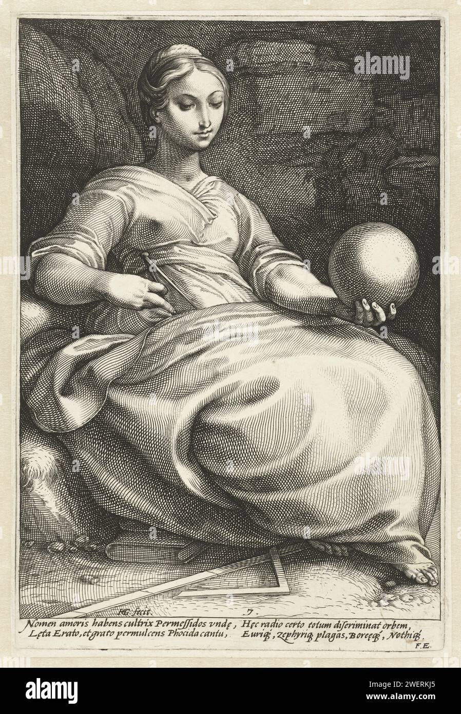 Erato, 1592 print A series of nine muses. Four lines of Latin from ...