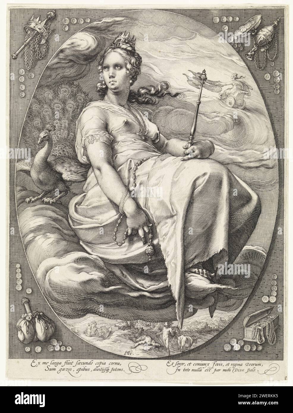 Juno, Hendrick Goltzius, 1596 print Juno sitting with a peacock on a ...