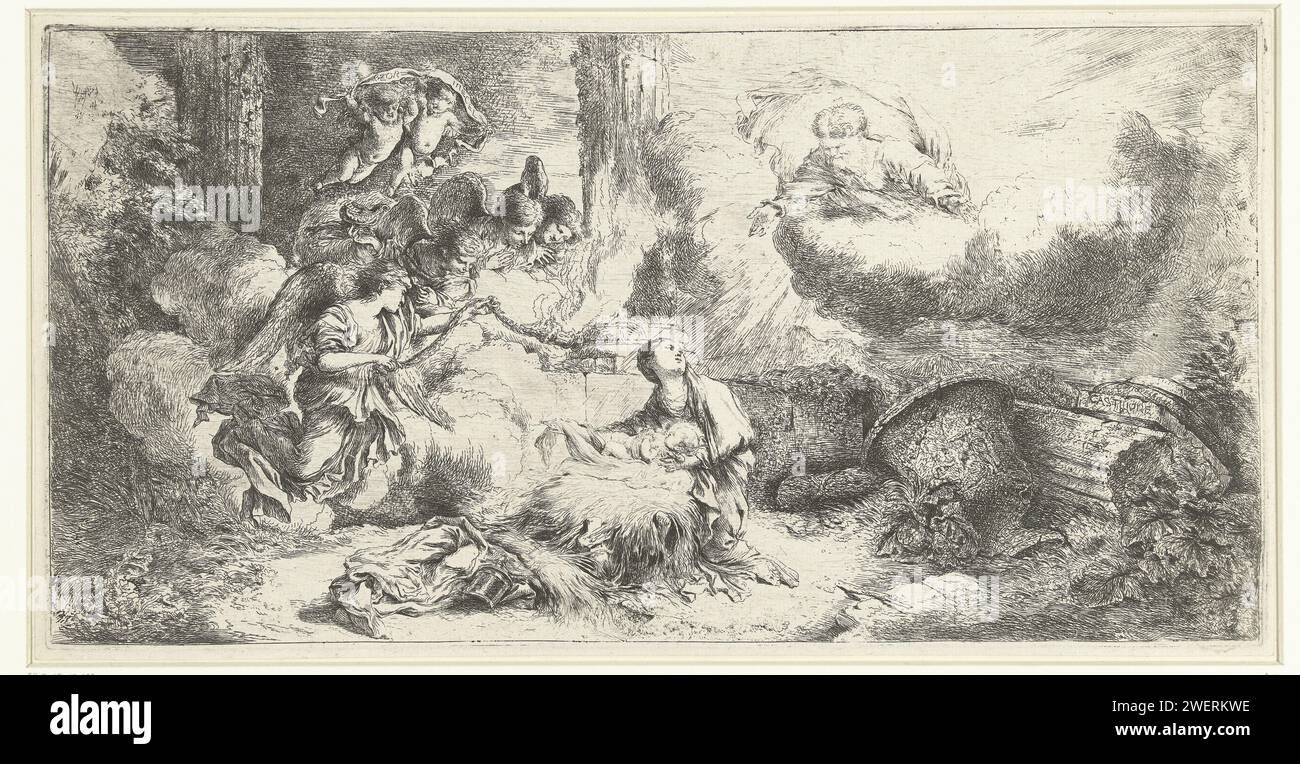 Birth of Christ with God the Father and Angels, Giovanni Benedetto ...