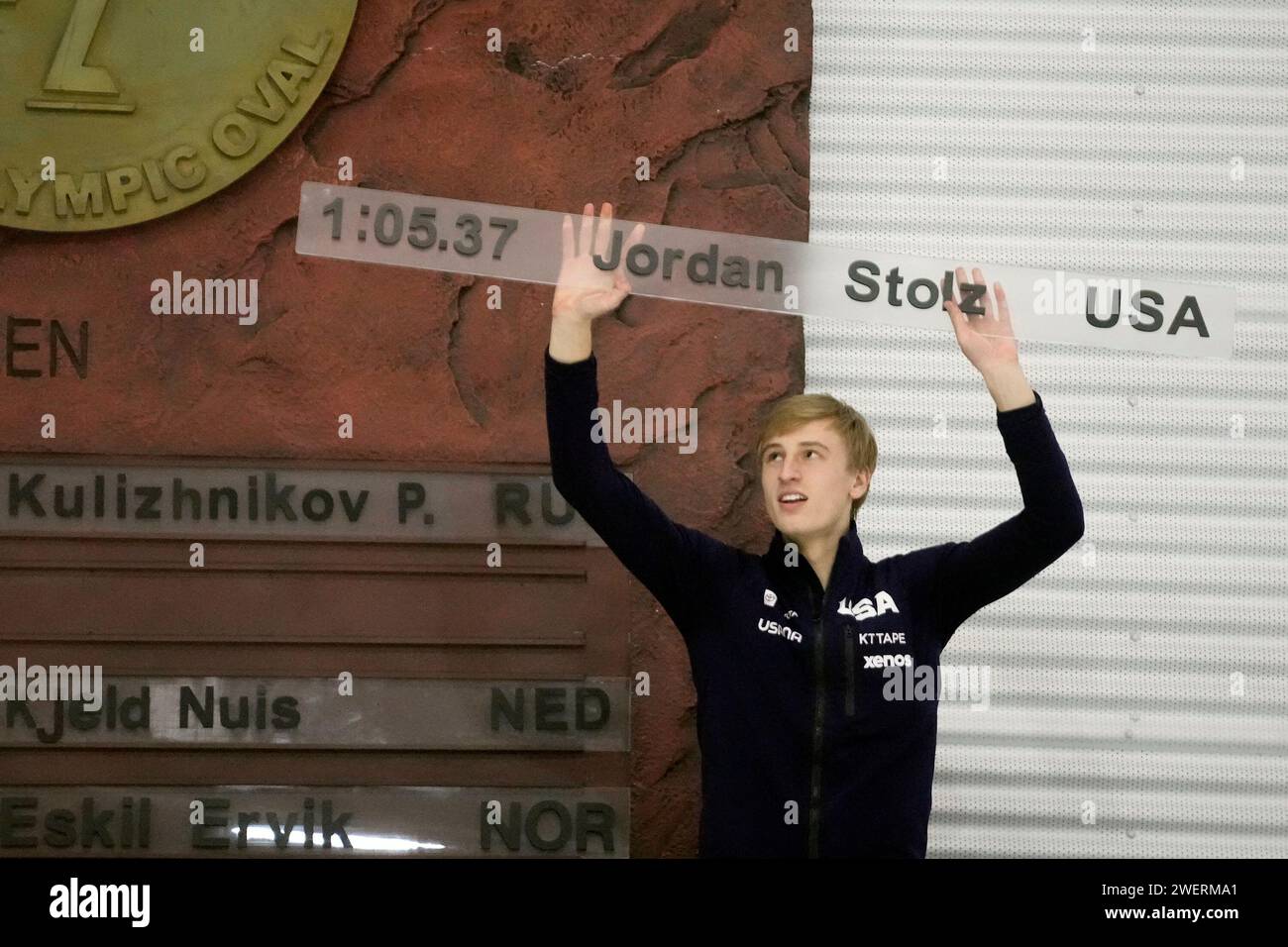 Jordan Stolz, of the United States, who broke the men's 1,000 meters ...