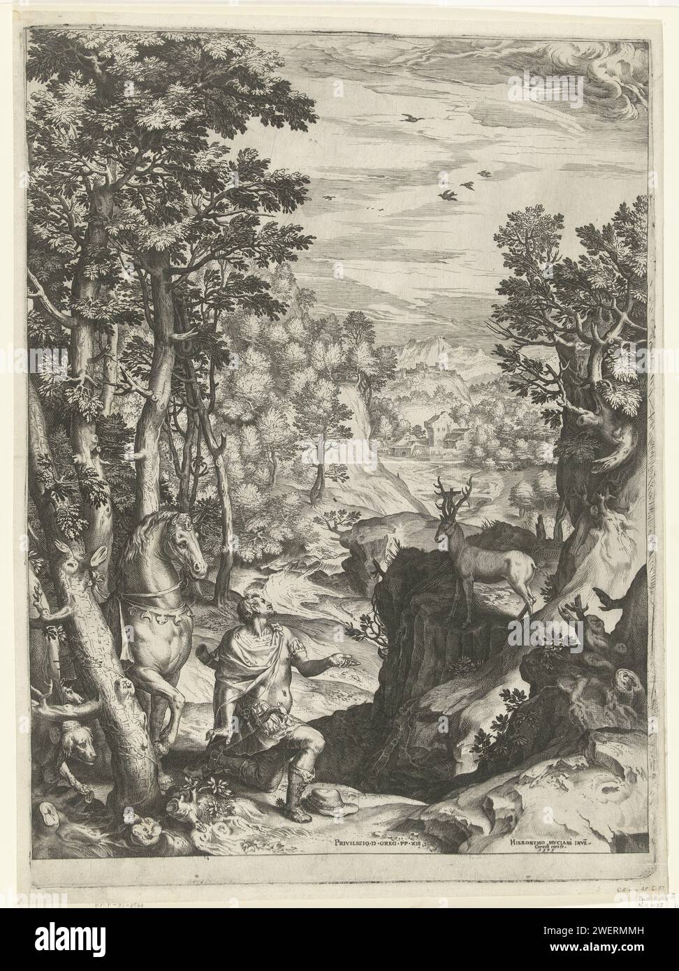 Landscape with the vision of Eustachius, 1573 print Eustachius appears ...