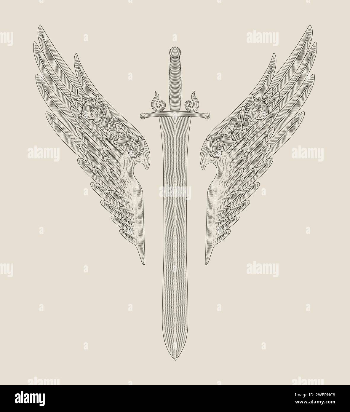antique sword with wings. vintage engraving drawing style illustration ...