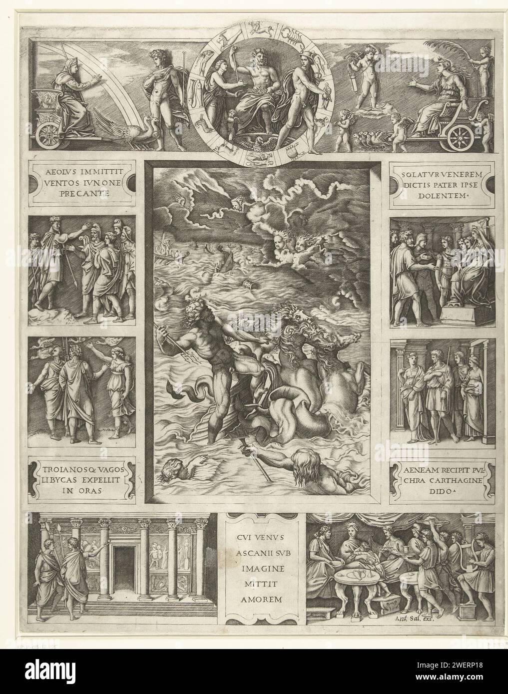 Jupiter calms the storm at sea in rectangular frame with nine scenes ...
