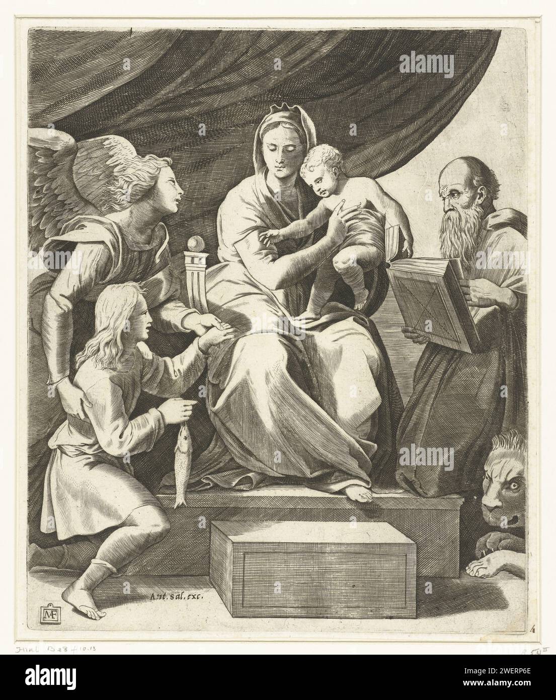 Maria with child flanked by archangel Michaël with Tobias with fish and ...