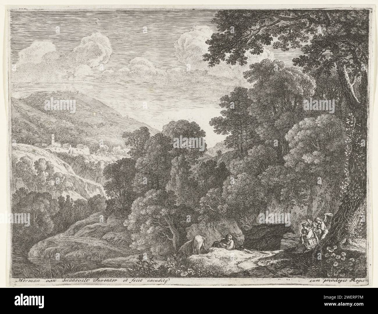 Rest on the Flight into Egypt, Herman van Swanevelt, 1650 - 1655 print A mountainous landscape ...