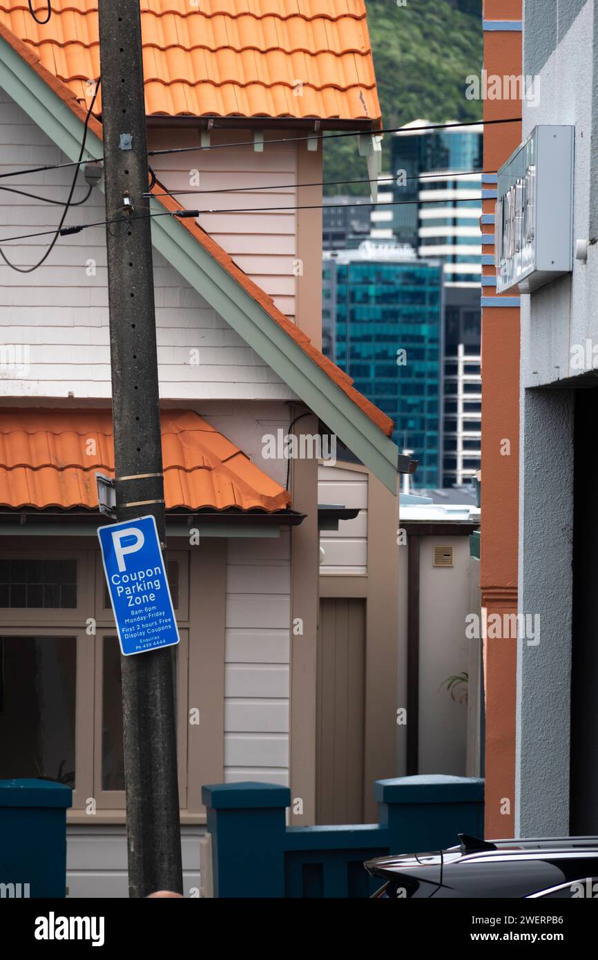 Rooves and walls, houses, Mount Victoria, Wellington, North Island, New ...