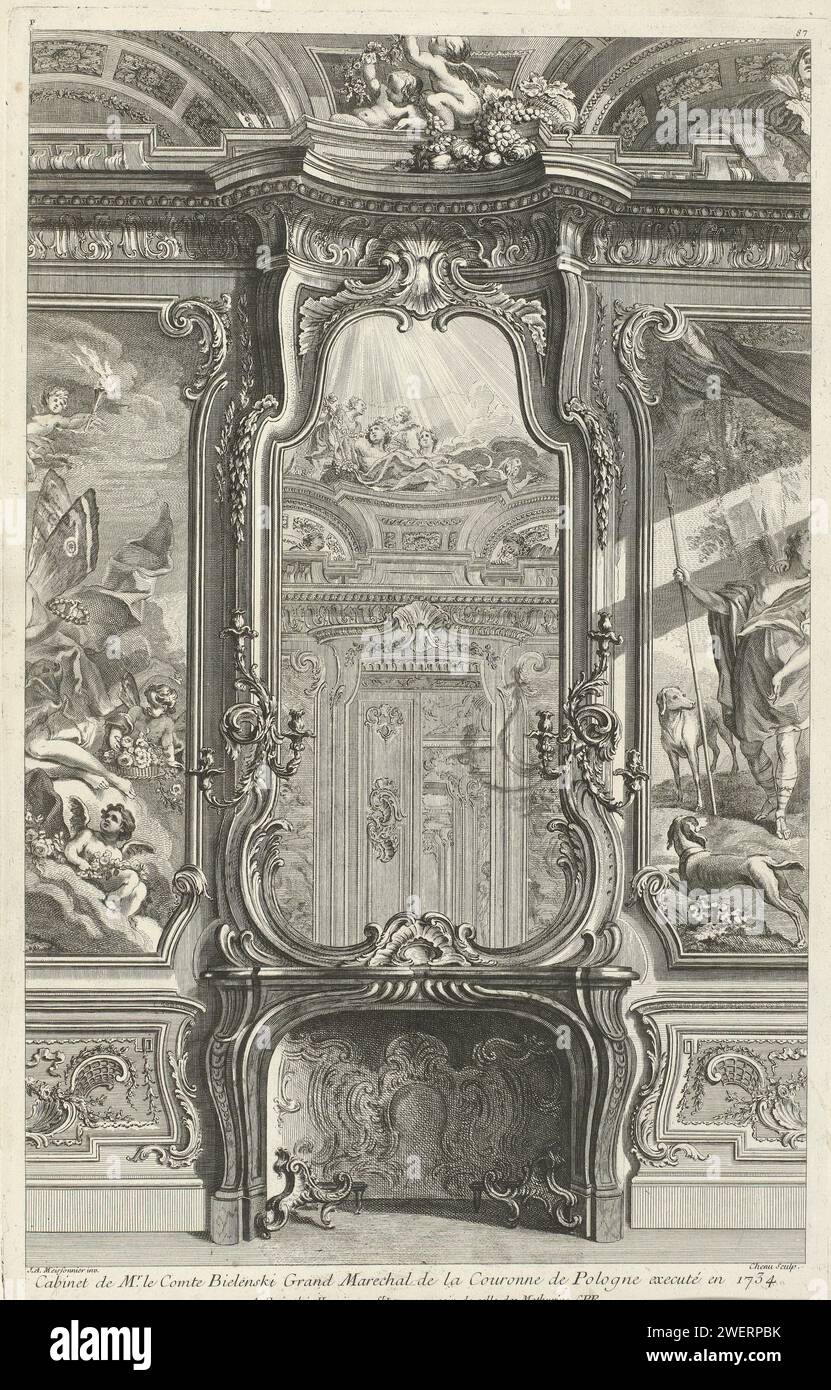 Fireplace with mirror and wall decoration in the cabinet of Graaf van ...