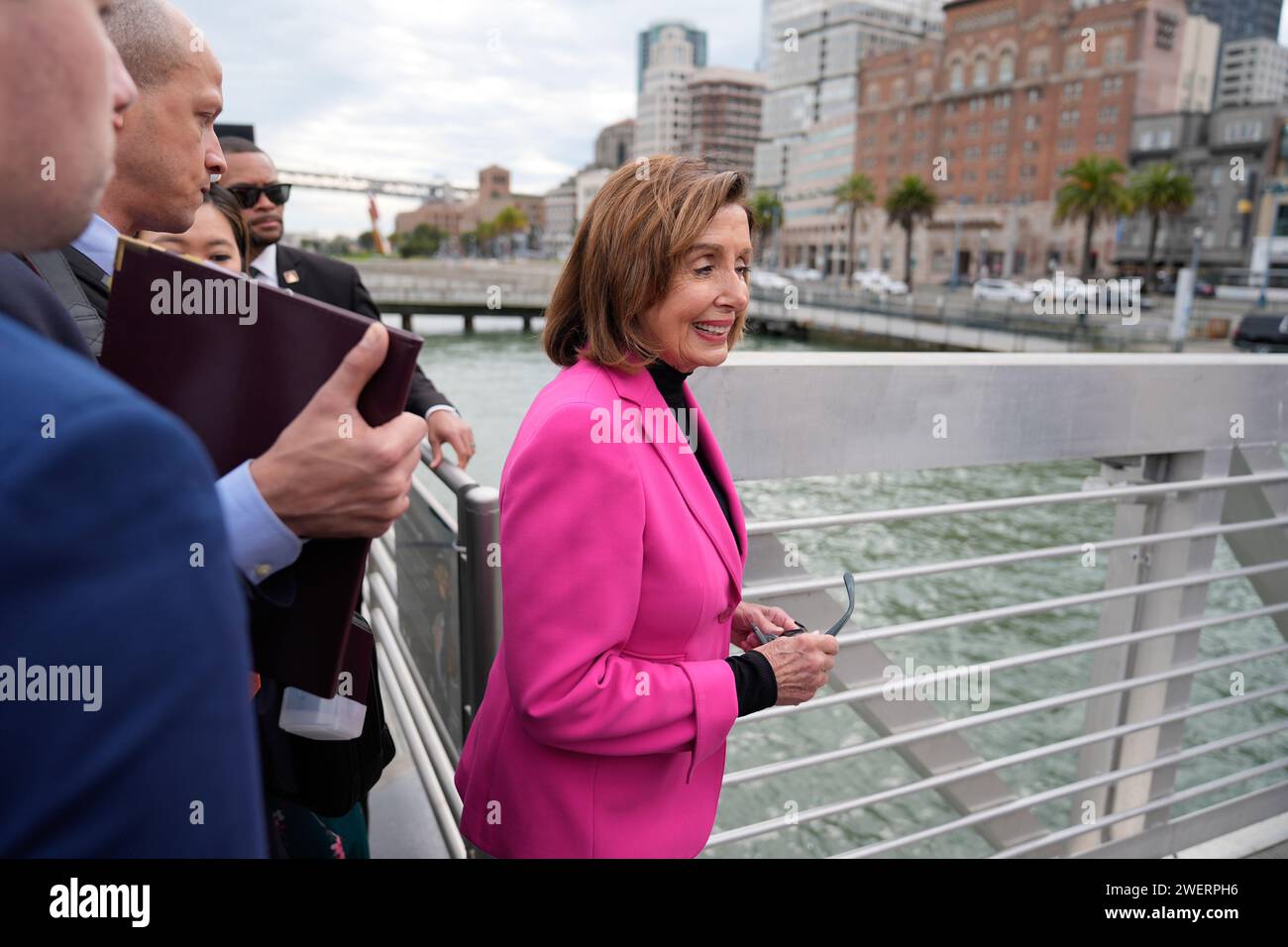 Speaker Emerita Nancy Pelosi leaves a news conference that addressed sea level rise along the ...