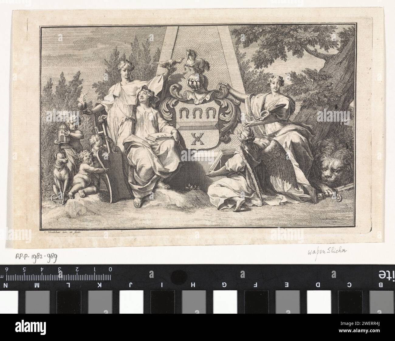 Coat of arms of the Slicher family, surrounded by four allegorical ...