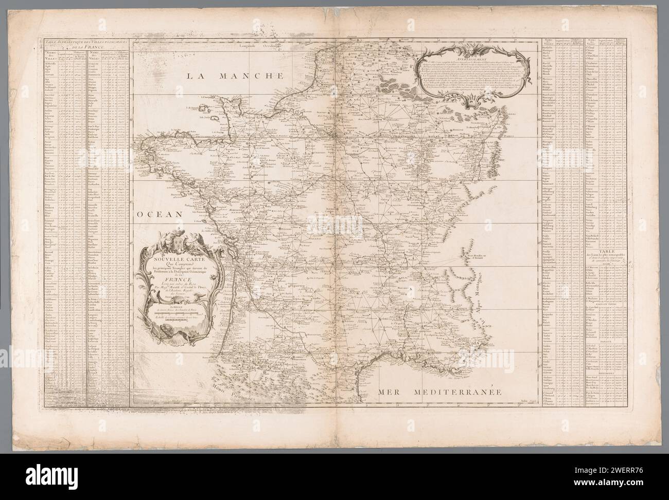 Map of France with distance and grades, G. Dheulsland, 1744 print paper ...
