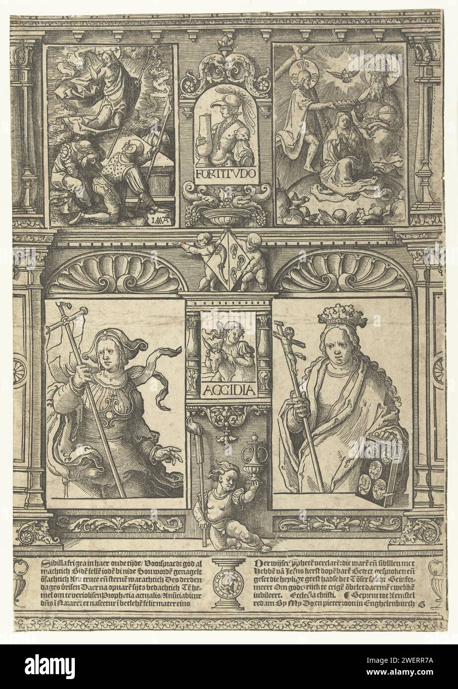 Blad with two sibyles and two scenes, Jacob Cornelisz van Oostsanen ...