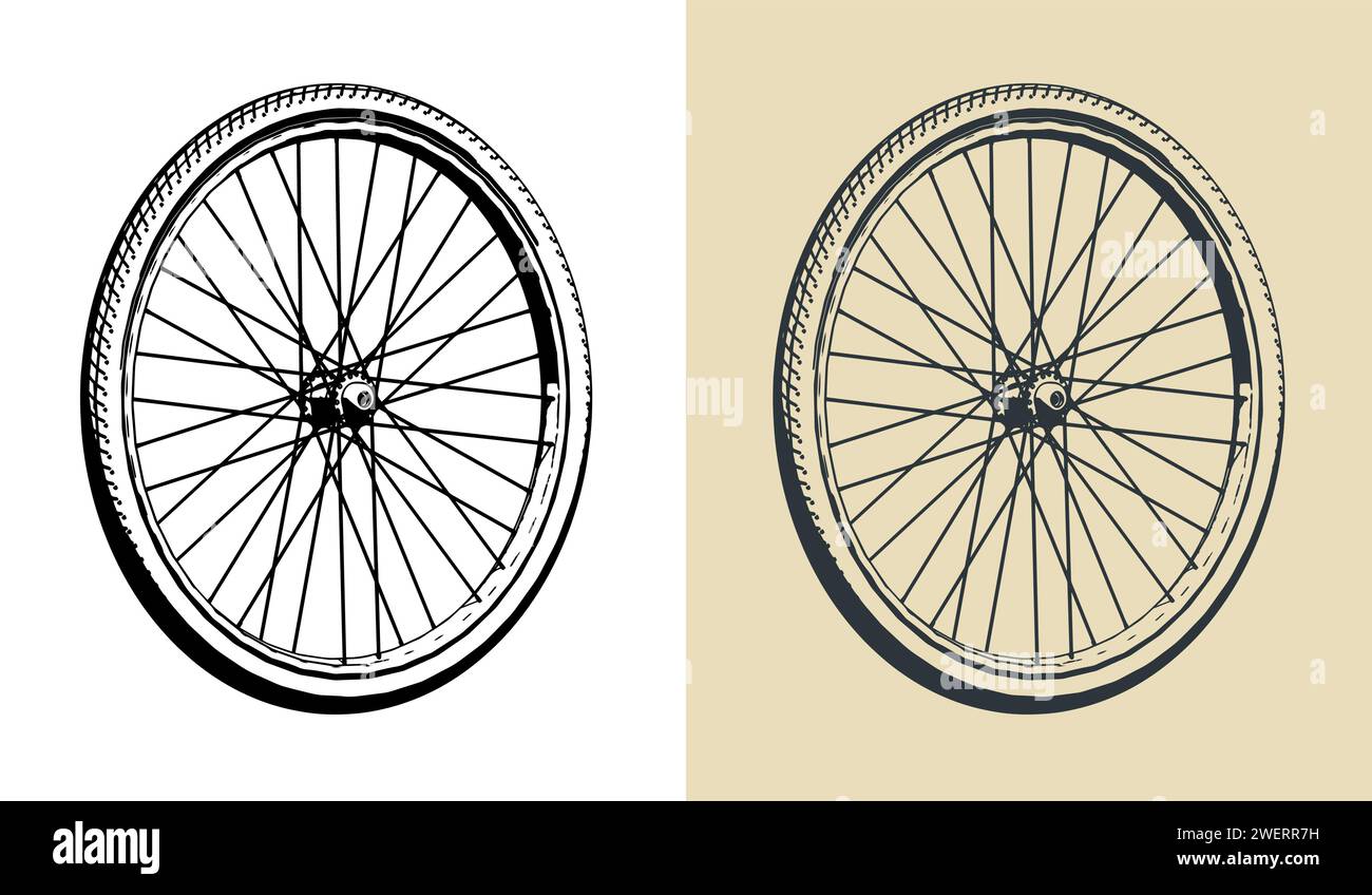 Stylized vector illustrations of bicycle wheel. Tyre and hub 36 spoke ...