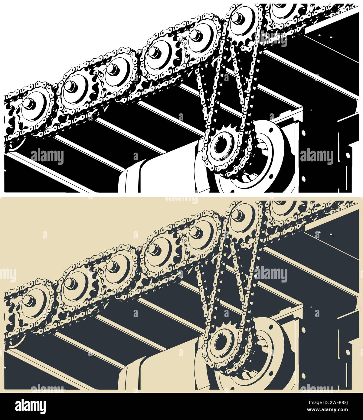Stylized vector illustrations of structure of roller conveyor with ...