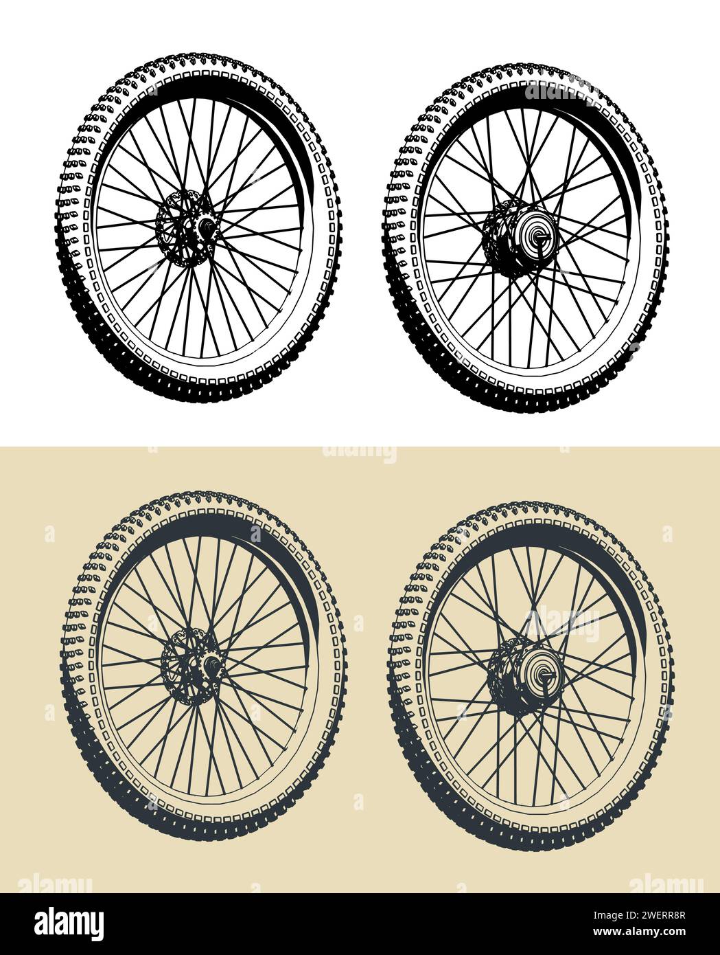 Stylized vector illustrations of front and rear wheels of a bicycle ...