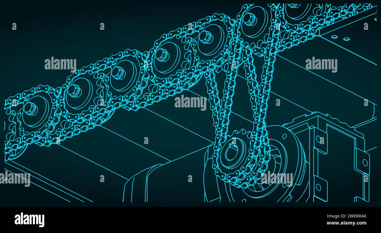 Stylized vector illustration of blueprint of roller conveyor with chain ...