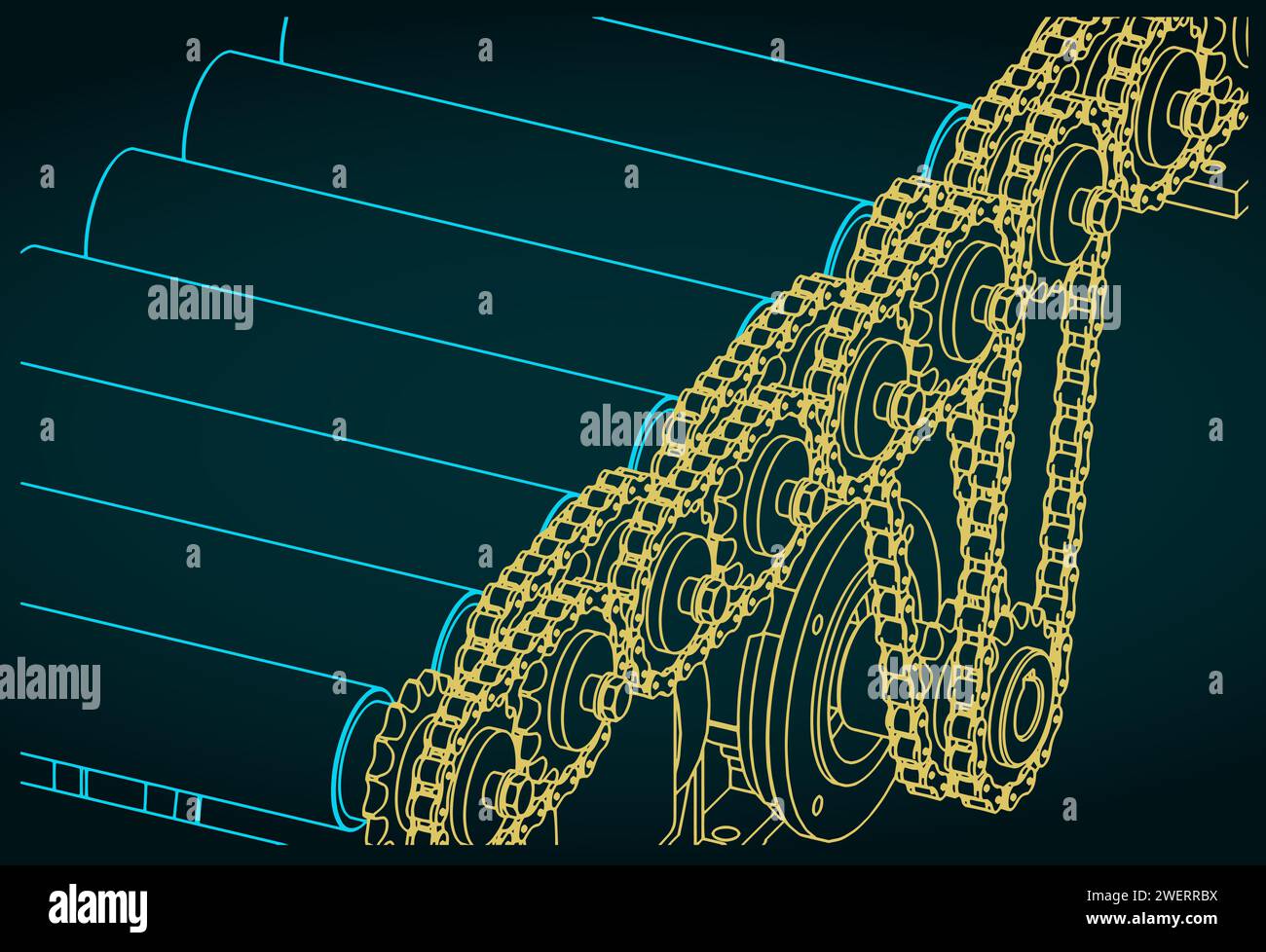 Stylized vector illustrations of structure of roller conveyor with ...