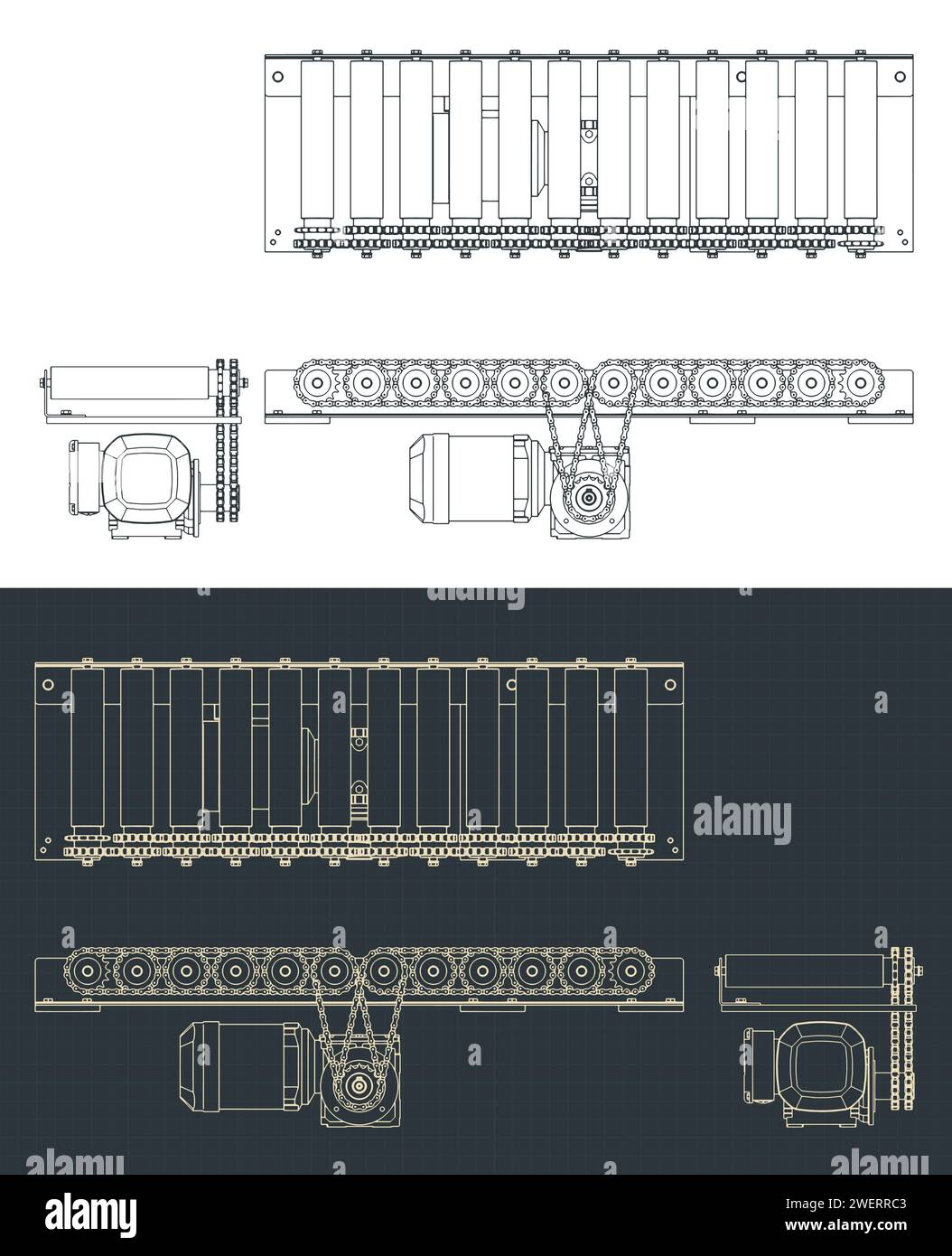 Stylized vector illustrations of blueprints of roller conveyor with ...