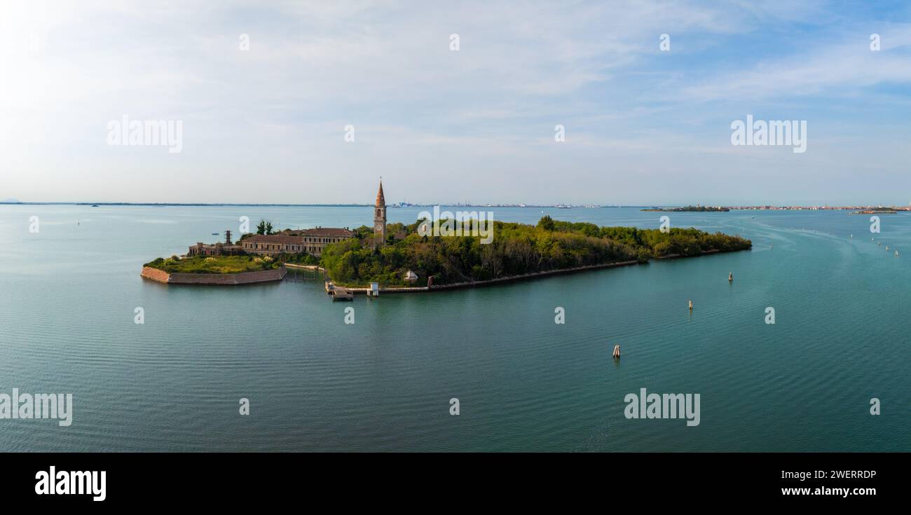 Aerial view of the plagued ghost island of Poveglia in the Venetian ...