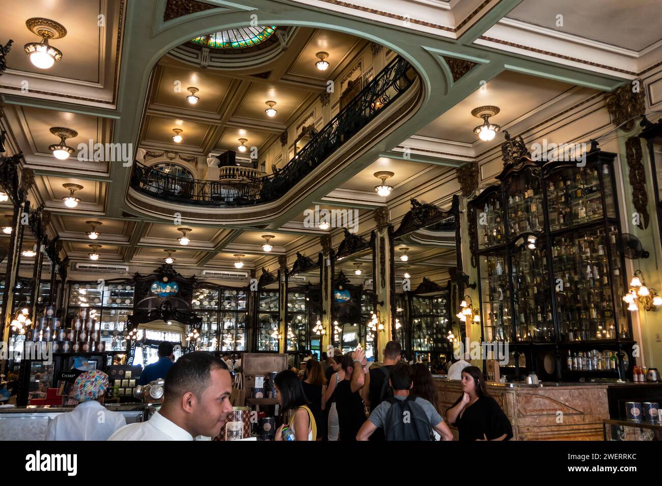 Wide interior view of Confeitaria Colombo coffeehouse lower floor, a ...