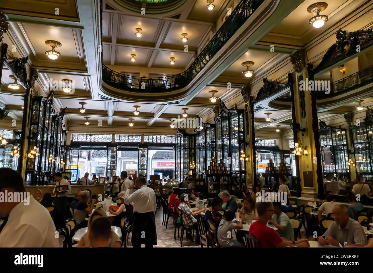 Opposite interior view of Confeitaria Colombo coffeehouse main room, a ...
