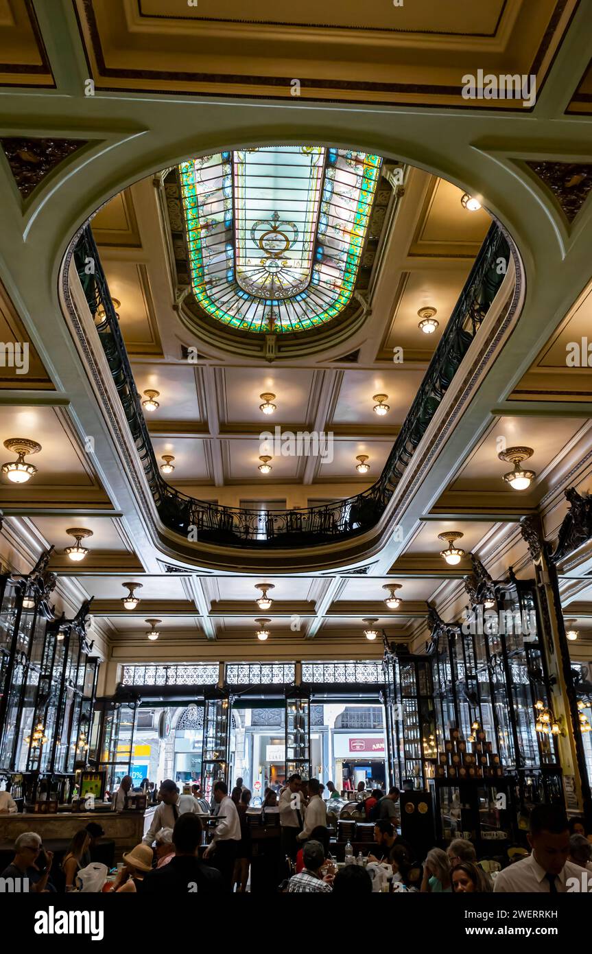 A stained glass skylight on the decorated ceiling of Confeitaria ...