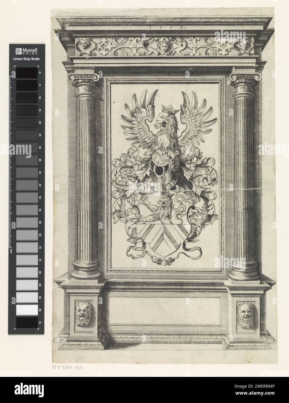 Coat of arms in architectural frame, 1573 print paper engraving ...