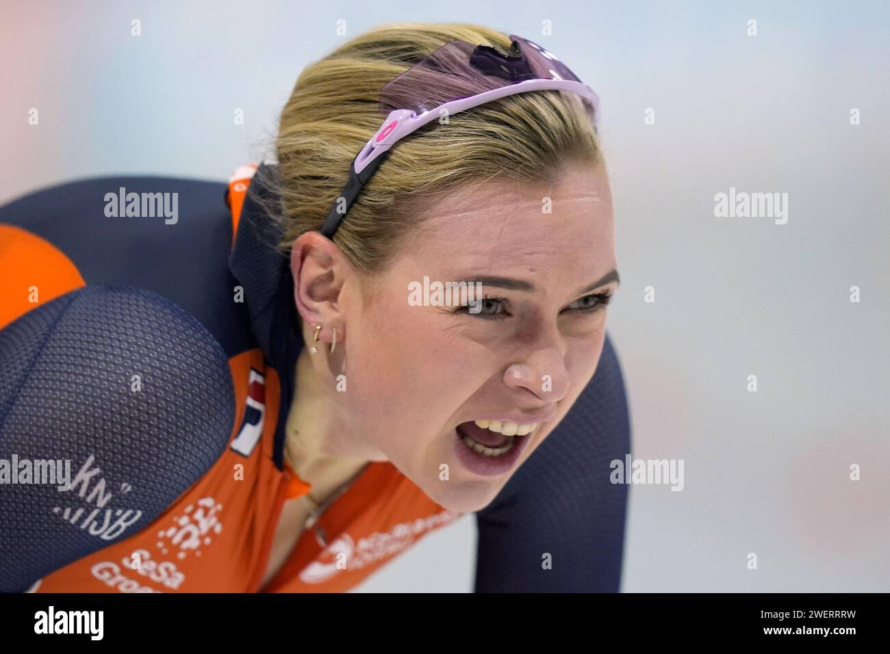 Joy Beune, of the Netherlands, slows after competing during the women's ...