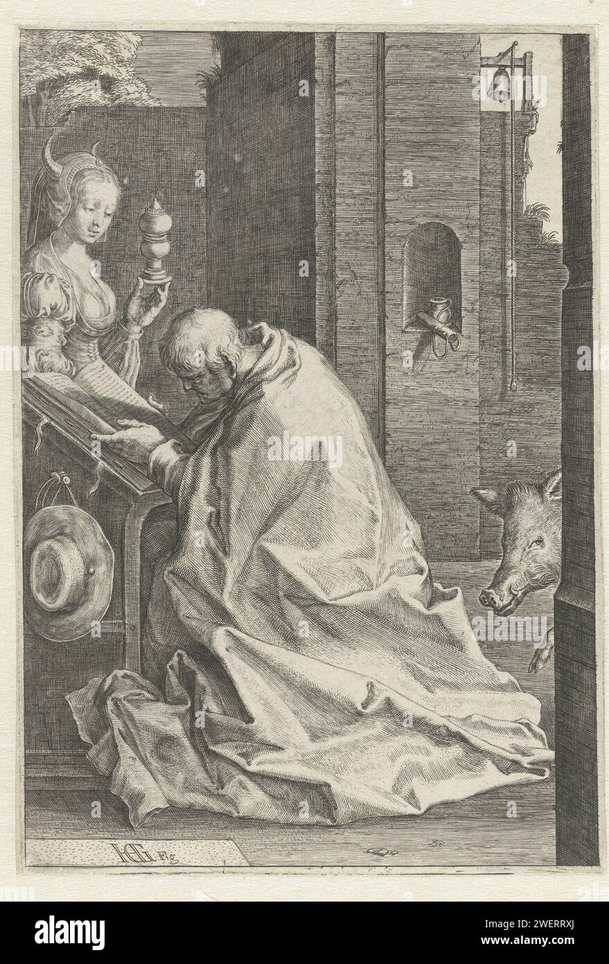 The temptation of Saint Antonius, 1593 - 1594 print A man is reading a ...