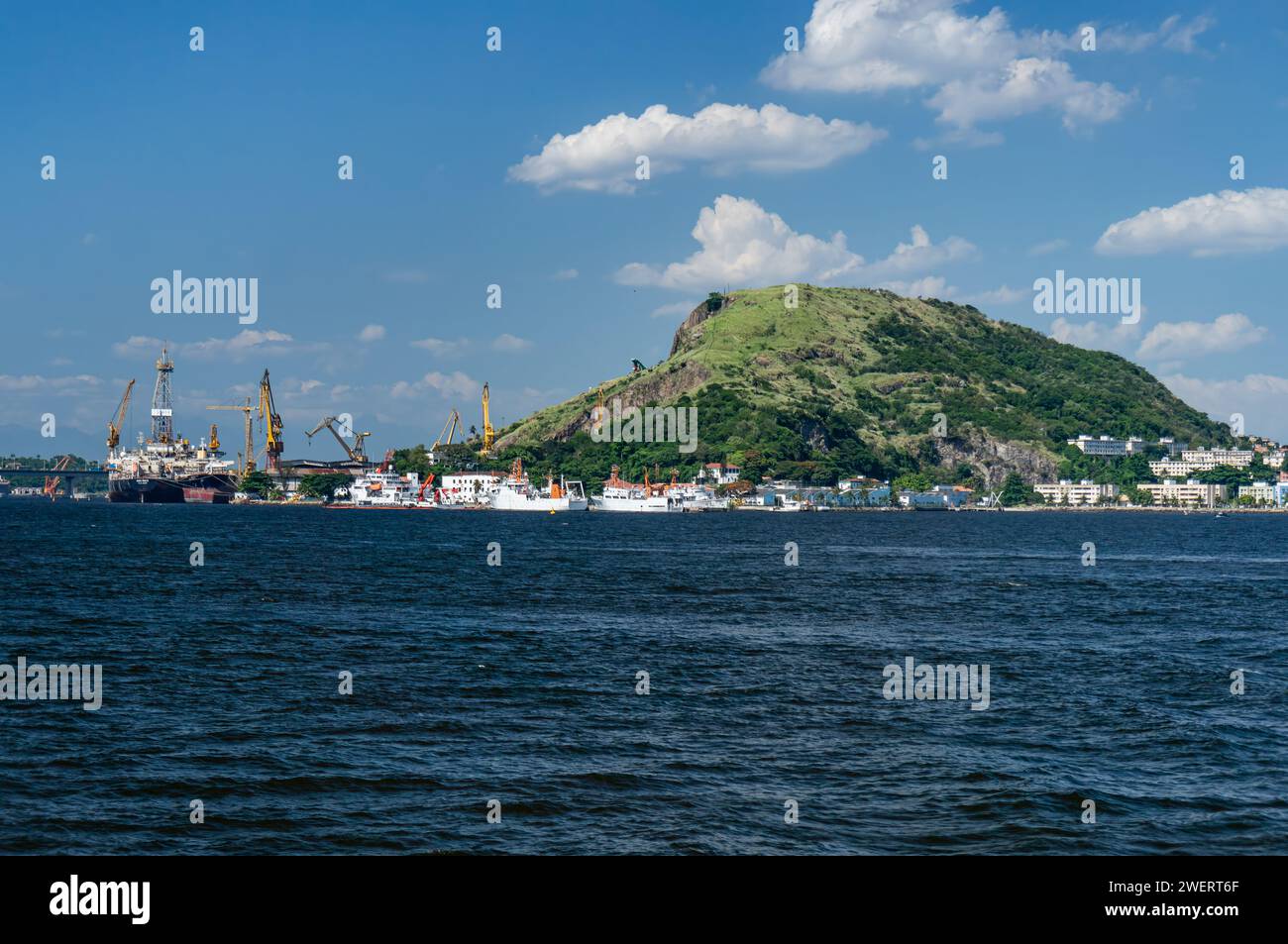 View of Morro da Penha hill in Ponta Dareia district in Niteroi ...