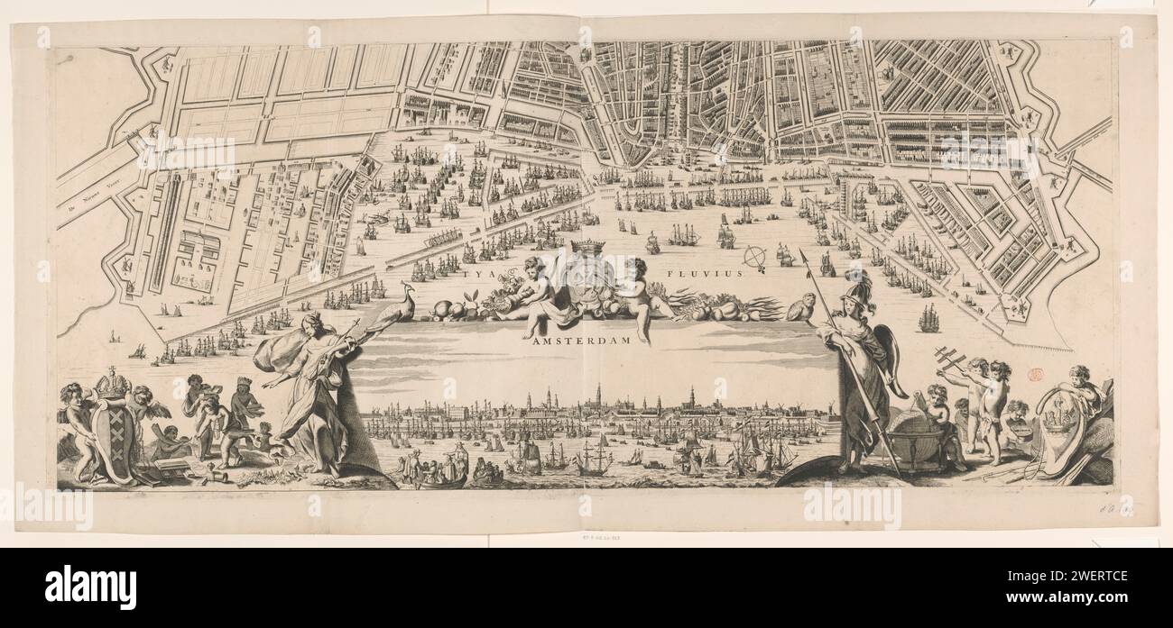 Map of Amsterdam with cityscape (bottom part), Anonymous, 1676 - in or before 1699 print Lower ...