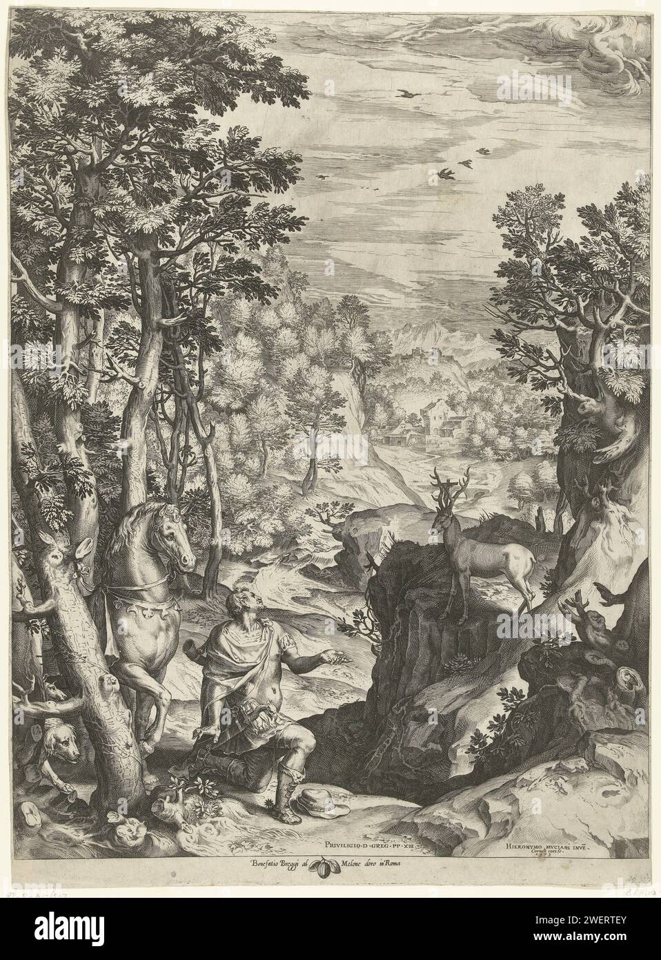 Landscape with the vision of Eustachius, 1573 print Eustachius appears ...