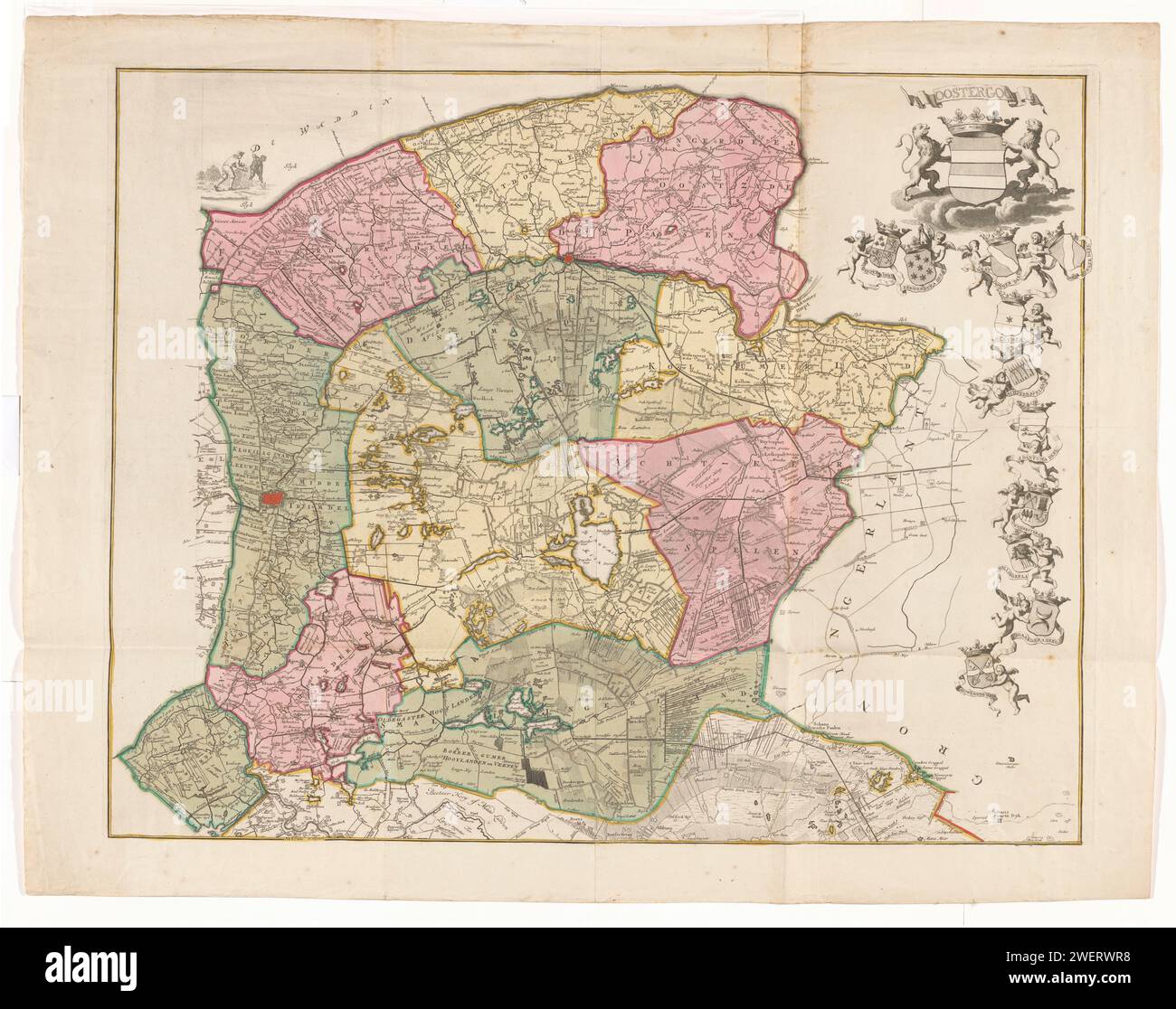 Map of the Kwartier Oostergo, 1739 print At the top left two peat ...