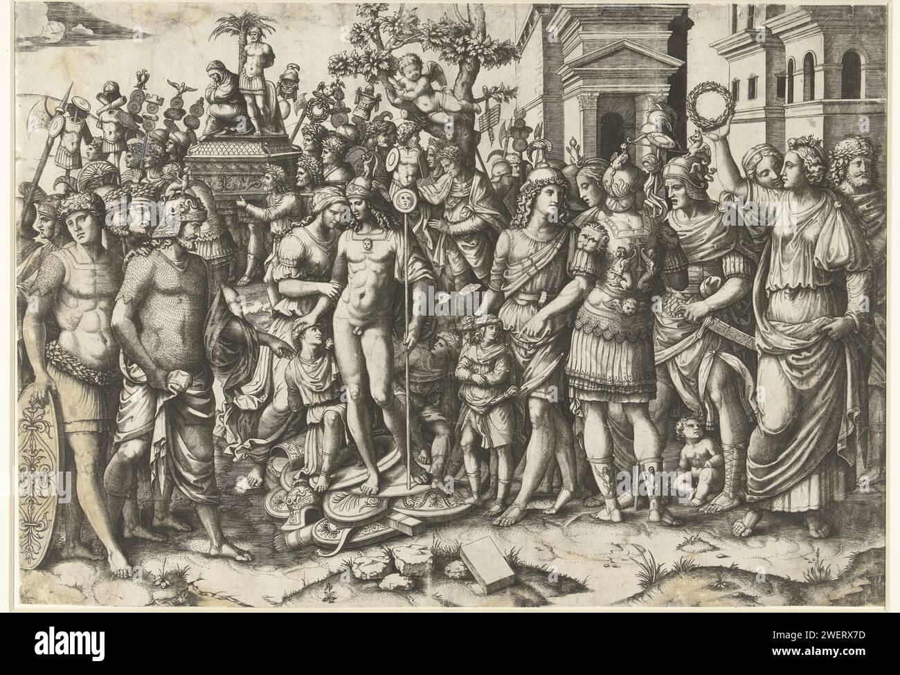 Triumphal trip of Roman emperor with soldiers and captured arms ...