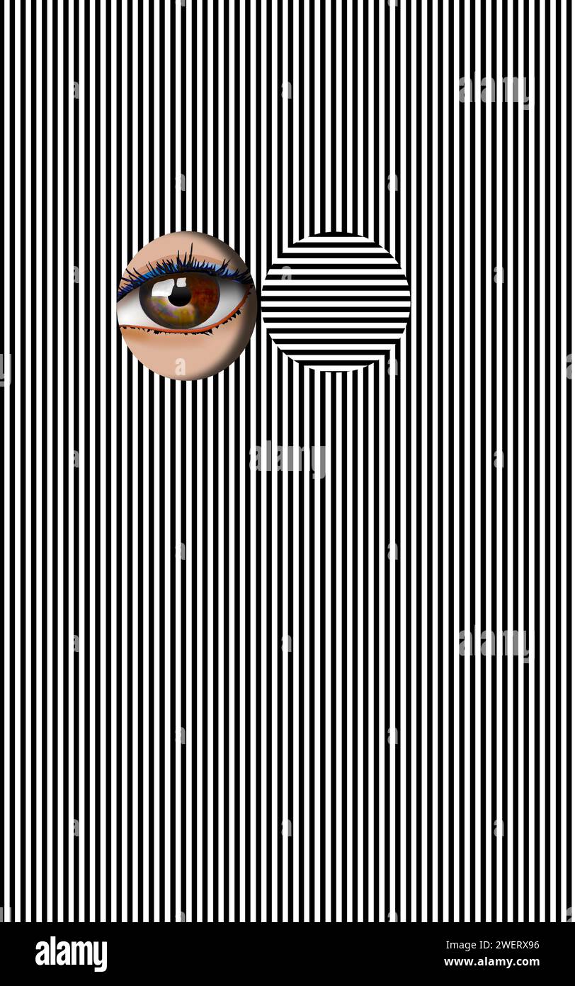 A woman’s eye is seen through a peep hole in a field of black stripes ...