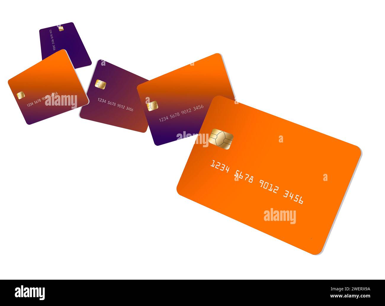Credit cards are seen in a graphic illustration that is colorful. It is ...
