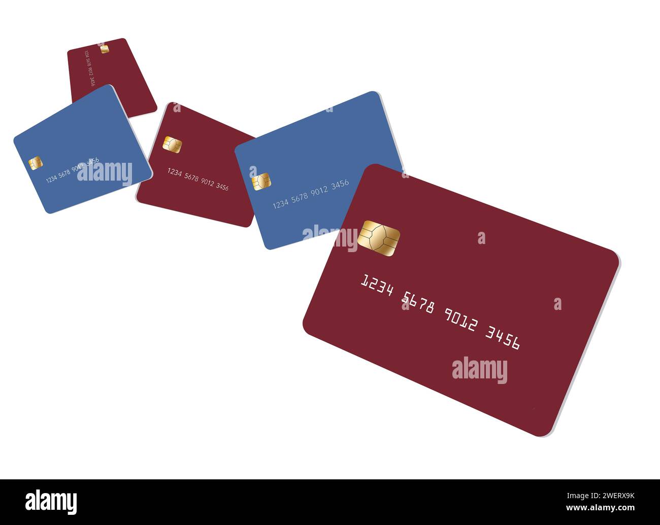 Credit cards are seen in a graphic illustration that is colorful. It is ...