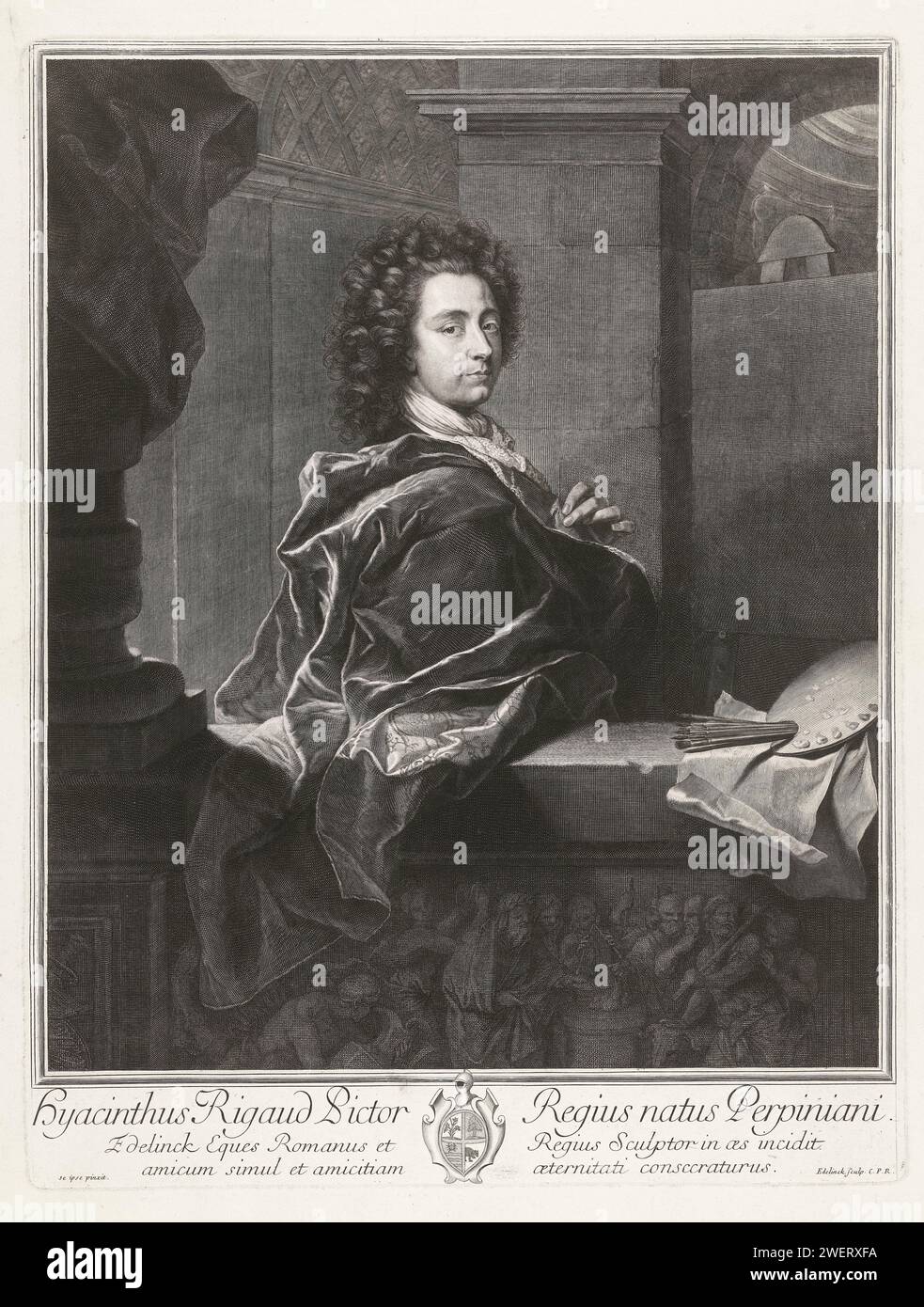 Portret van Hyacinthe Rigaud, Gerard Edelinck, after Hyacinthe Rigaud ...