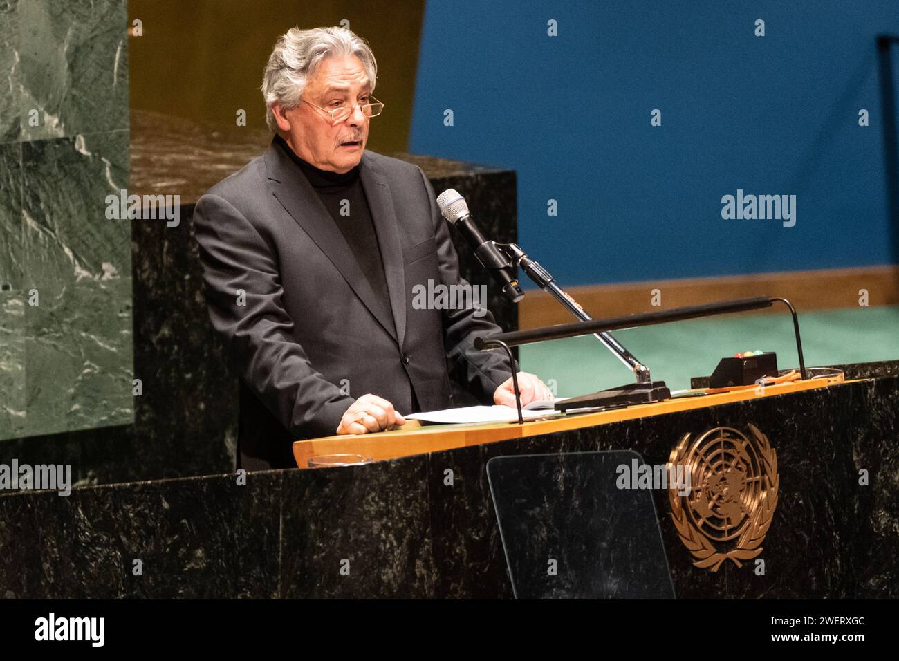 Roma Holocaust survivor Christian Pfeil speaks during United Nations ...